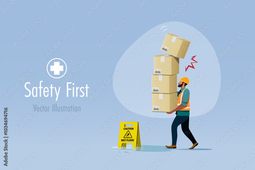 Worker carrying stack of boxes walking on wet floor with top ...