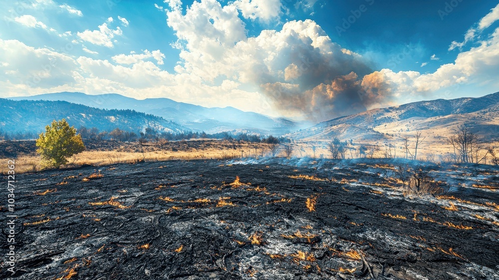 A dramatic landscape showcases the aftermath of a wildfire, with ...
