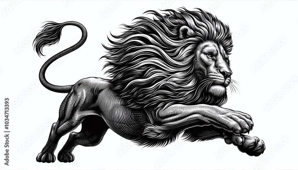 lion in a powerful pouncing position, with a flowing mane, drawn in an ...