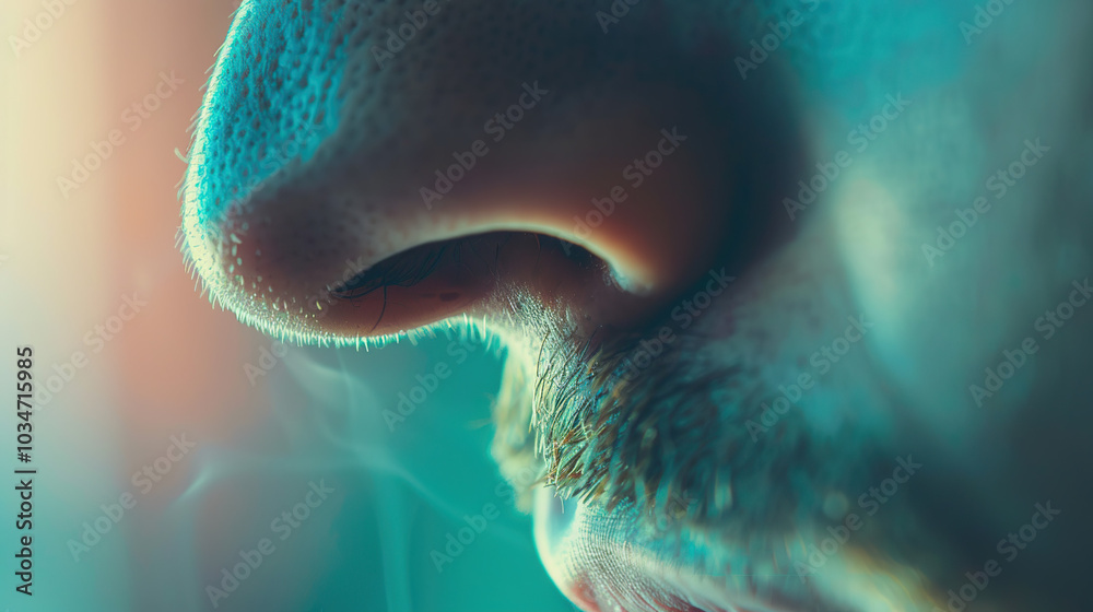 Close-up of a human nose during inhalation, focusing on the nostril and ...