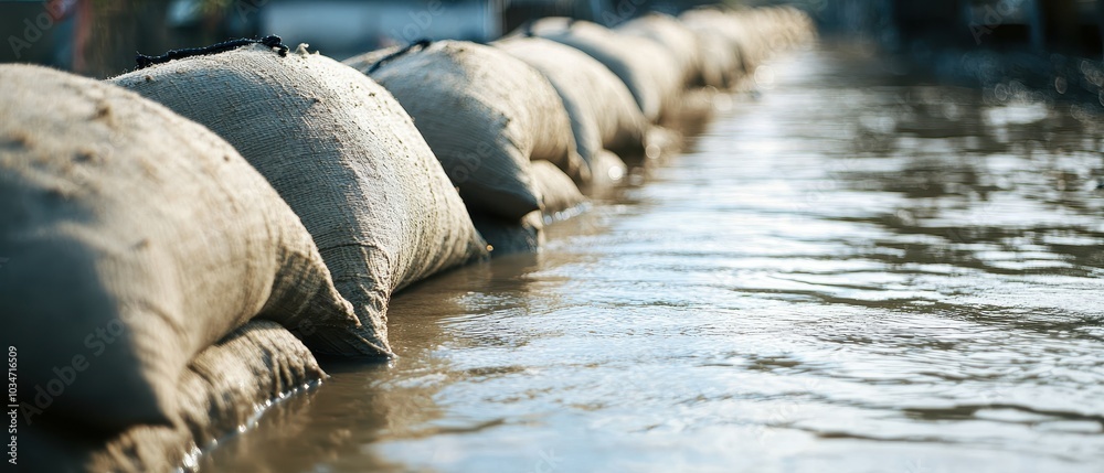 Sandbags stacked along a flooded area, holding back water, showcasing ...