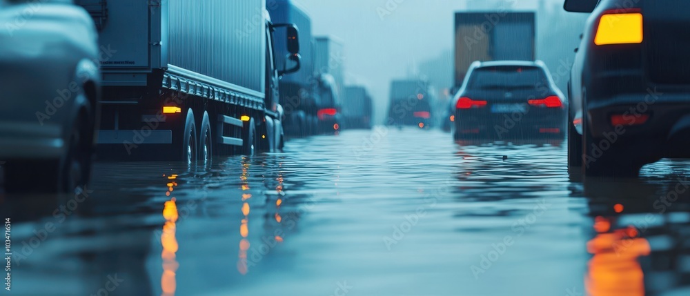 Traffic jam with vehicles stalled in flooded road during heavy rain ...