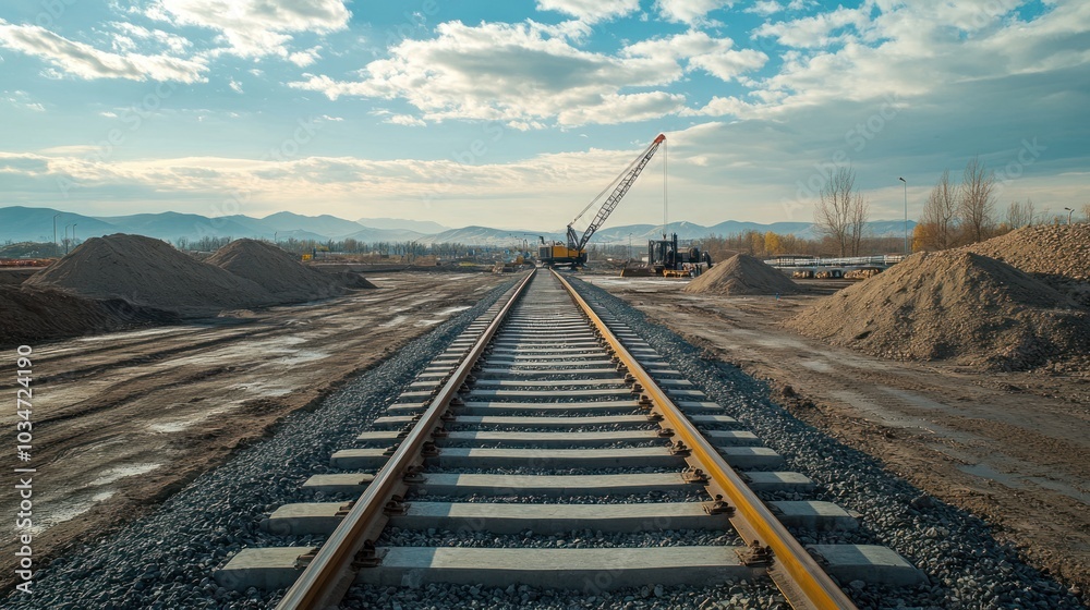 Railroad construction with tracks being laid over a flat landscape ...