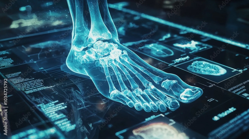 A detailed X ray of a human foot with AI annotations showing potential ...