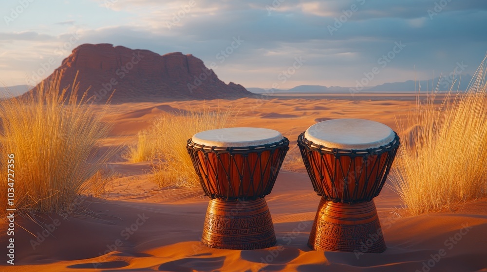 African drums sitting on desert dunes, with a stunning rocky ridge in ...