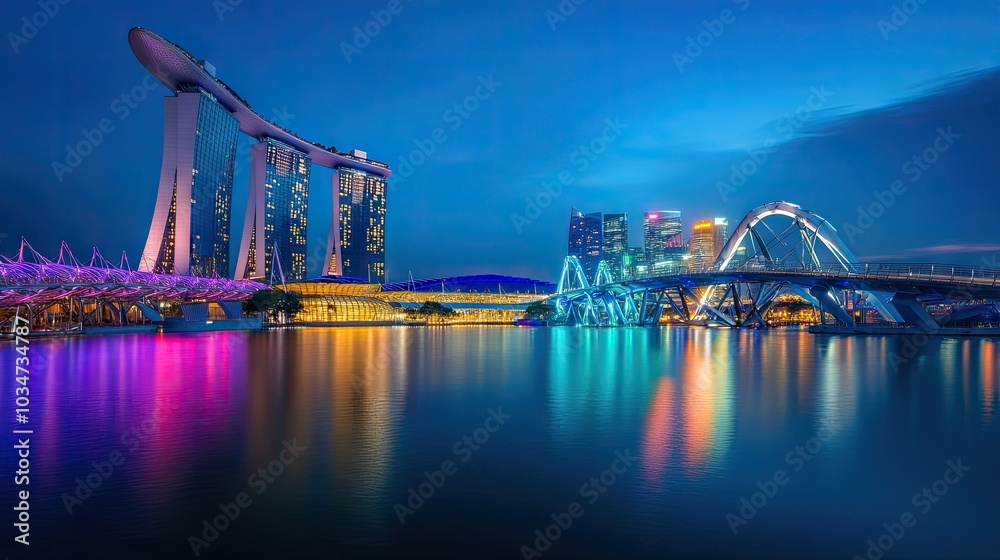 The famous Helix Bridge at night, reflecting neon lights over Marina ...