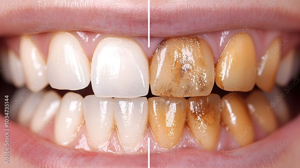 Close-up photo of teeth before and after a dental cleaning, showing ...
