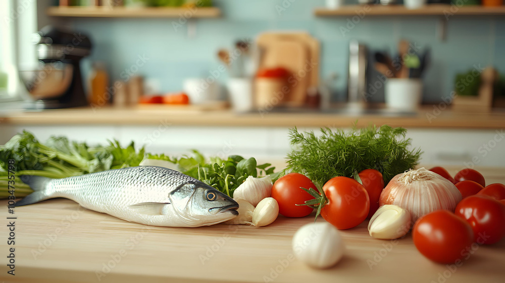Nutritious Kitchen Scene, vibrant vegetables on a wooden countertop ...