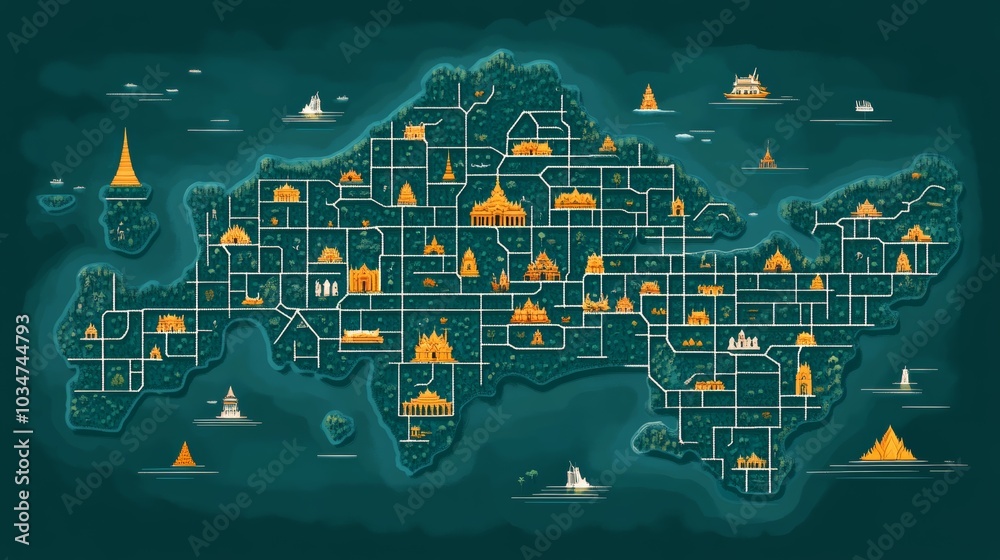 Illustrated Map of Southeast Asian Temples with Golden Architecture ...