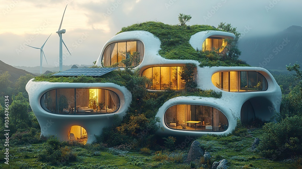 showcasing modern green building design with integrated solar panels on ...