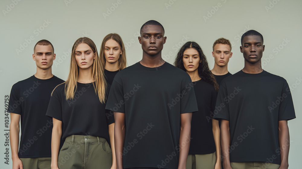 Fashion portrait of a group of mixed race models wearing plain black ...