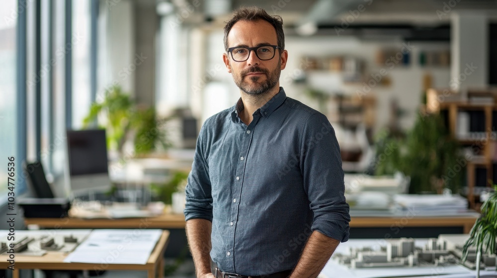A confident male architect stands in a modern office filled with ...