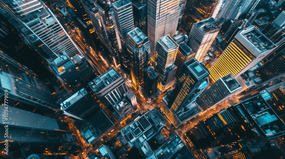 An aerial view of a city’s business district, featuring towering glass ...