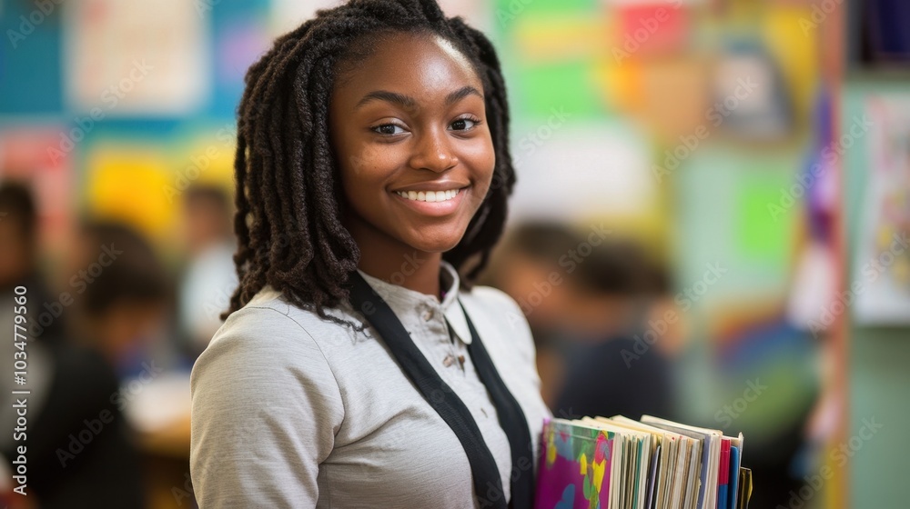 A young female teacher stands confidently in a vibrant classroom ...