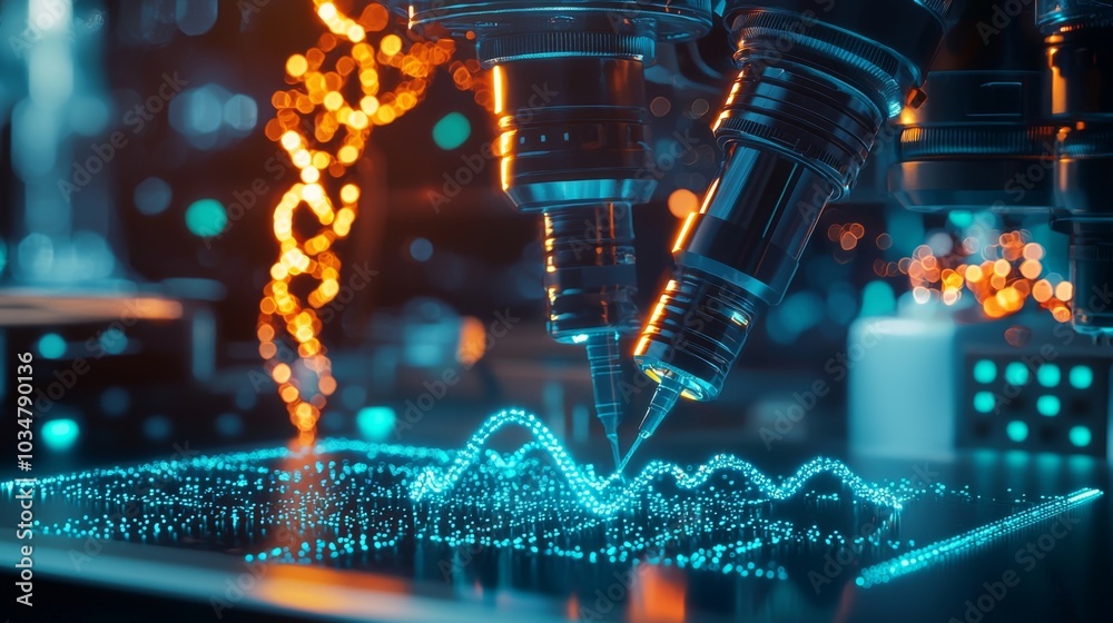 A close-up of advanced CRISPR tools manipulating DNA strands, with ...