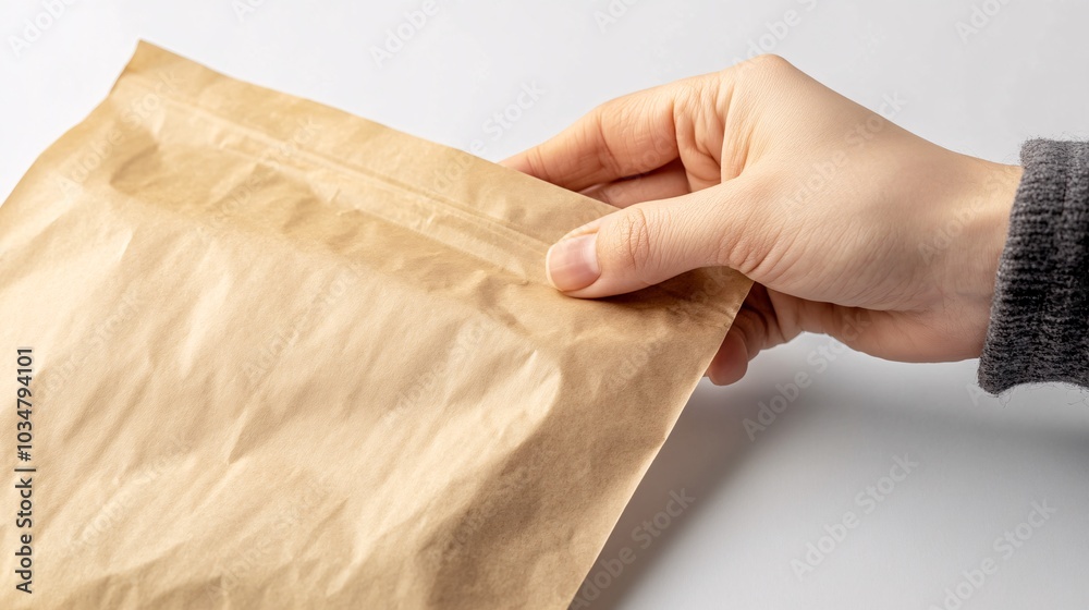 2408 22.A close-up of a hand gripping a brown paper ziplock bag ...
