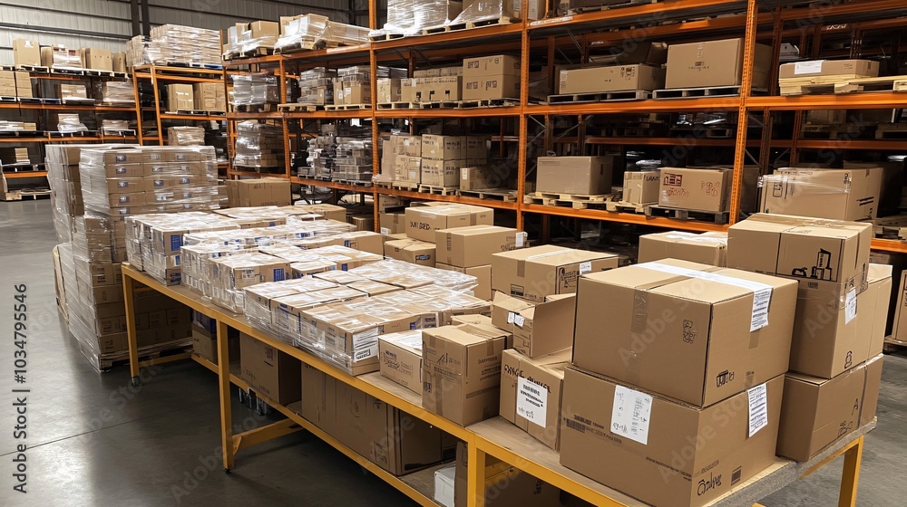 2408 35.A stockroom setup with a table covered in shipping boxes ...