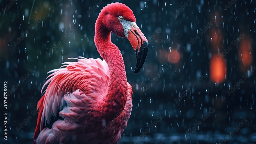 A high-contrast, dramatic photograph of a flamingo wading through a ...