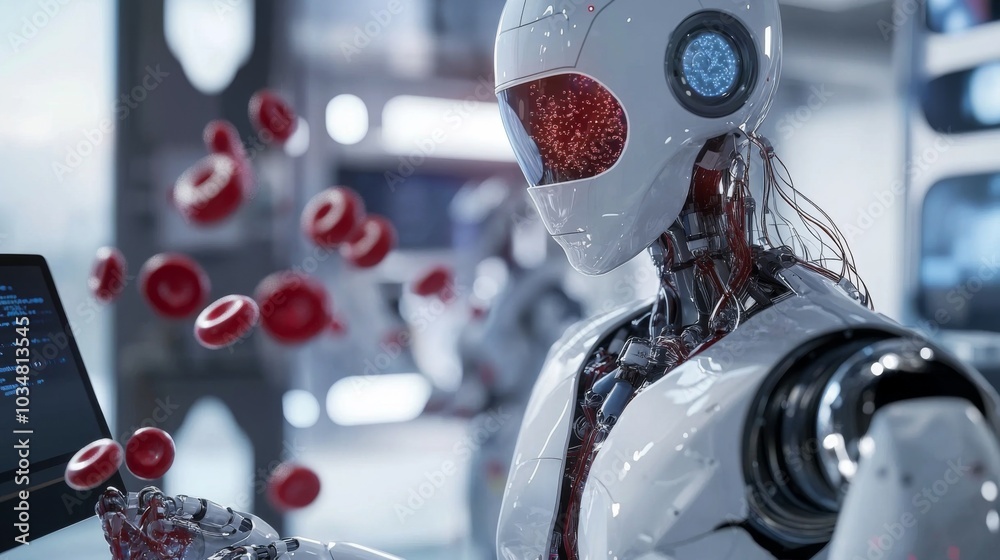 AI Analyzing Blood Cells : Close-up of robots using AI to analyze blood ...