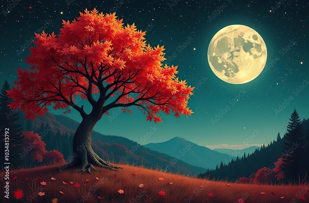 Beautiful autumn fantasy - maple tree in fall season and full moon with ...
