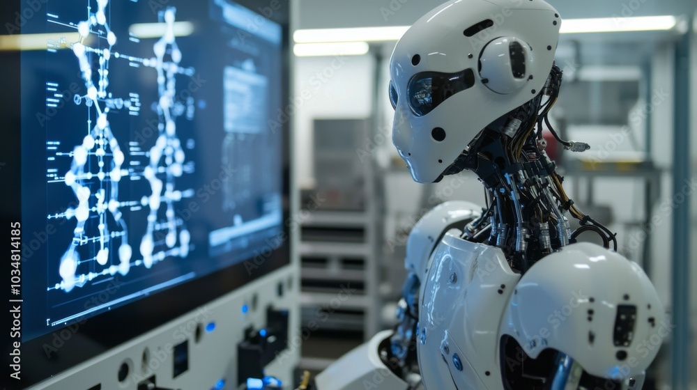 AI in Genomics Research : Robotic interfaces displaying complex genetic ...