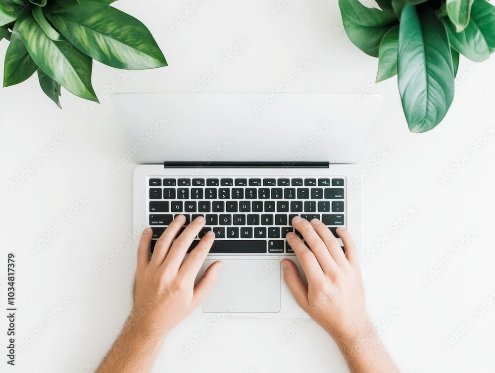Professional Typing on a Laptop in a Modern Office with Green Plants ...