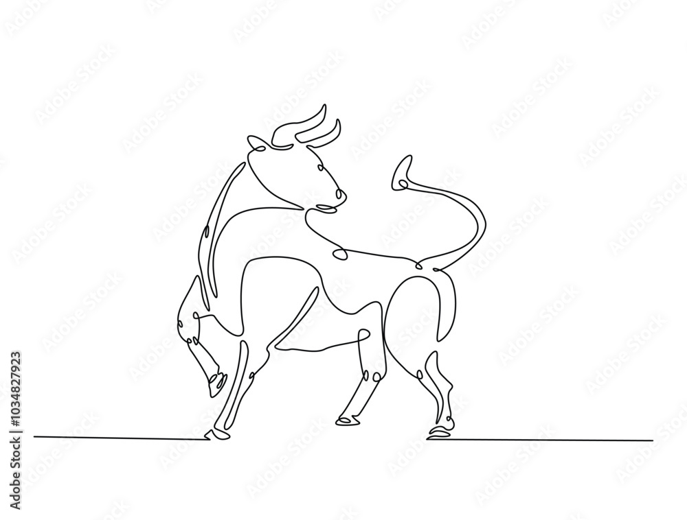 Continuous one line drawing of bull with white background. Buffalo ...
