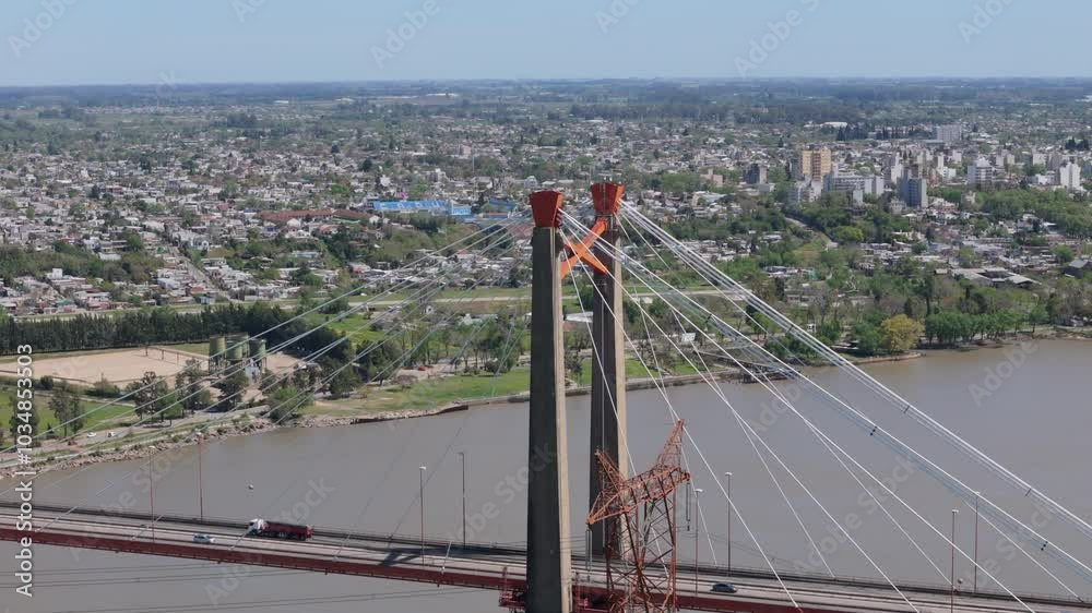 Aerial view of pillars in structure of cable-stayed bridge. Zárate ...