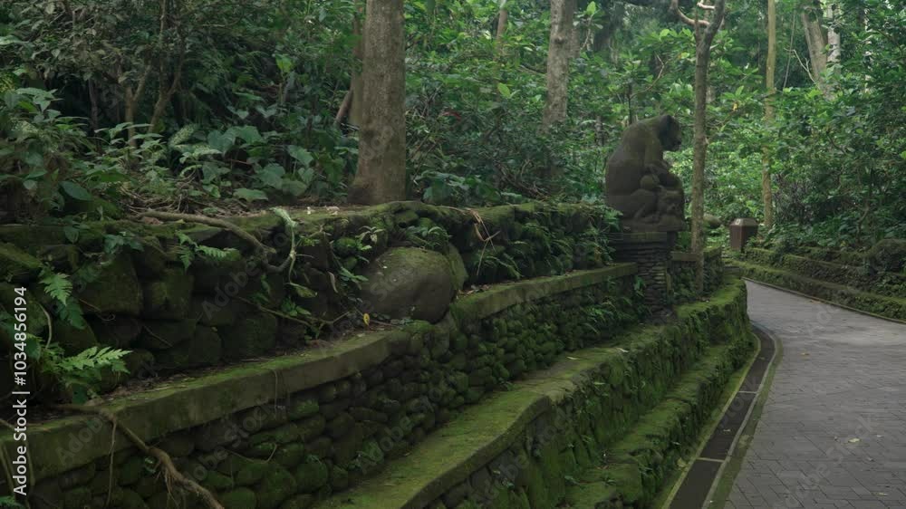 Moss-covered stone benches and statues leading up through Ubud Monkey ...