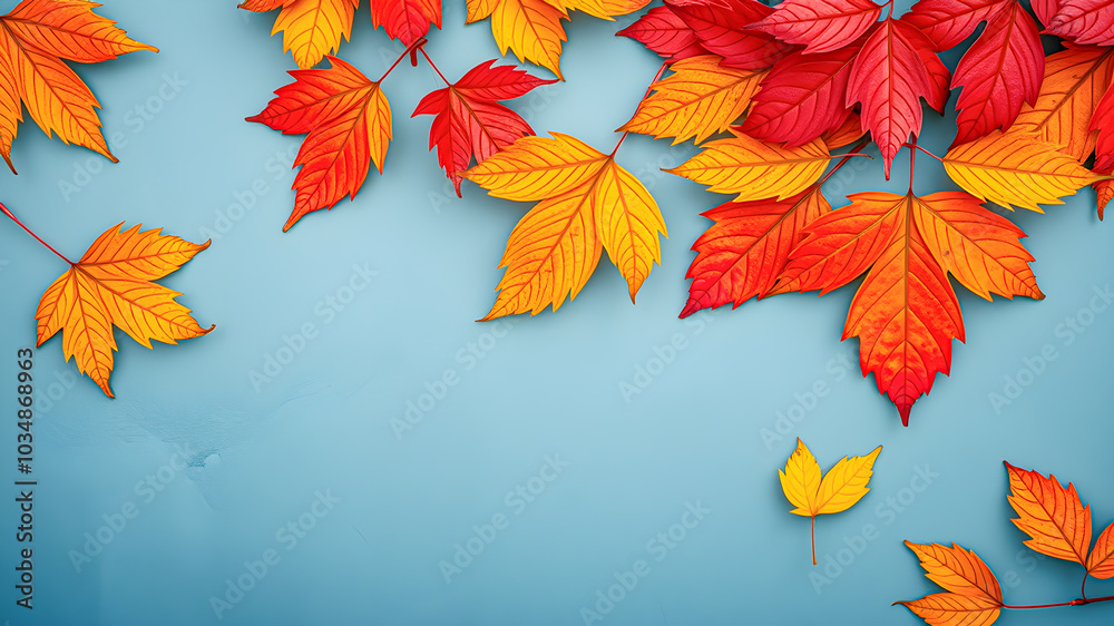 Autumn leaves isolated on soft blue background. Seasonal colorful fall ...