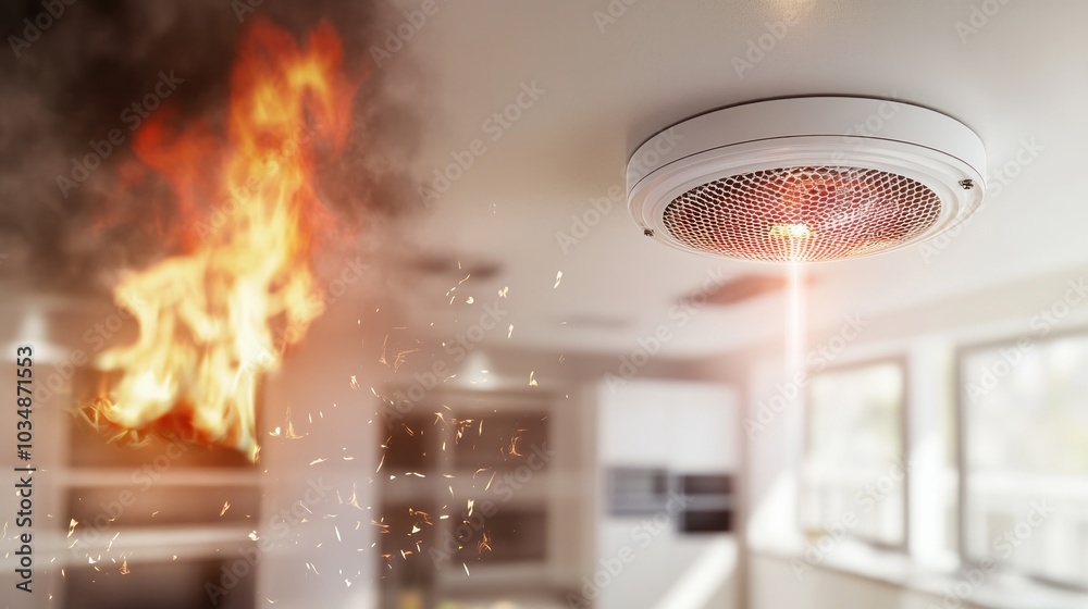 A fire alarm triggered by a kitchen fire, with loud ringing and ...