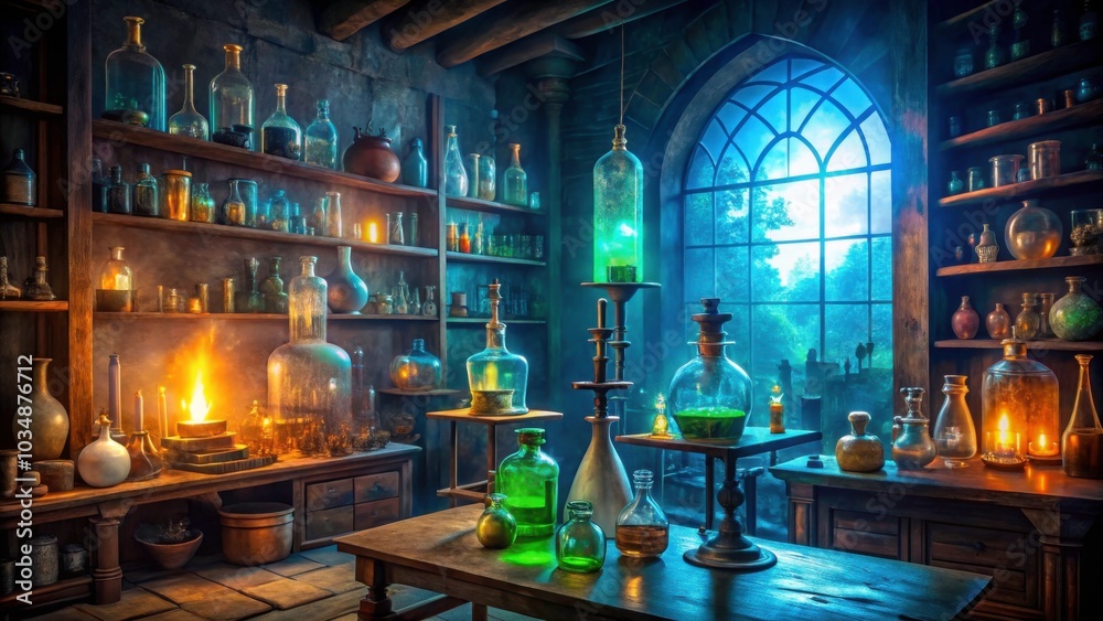 Enchanted alchemy lab interior with glowing potions and mystical ...