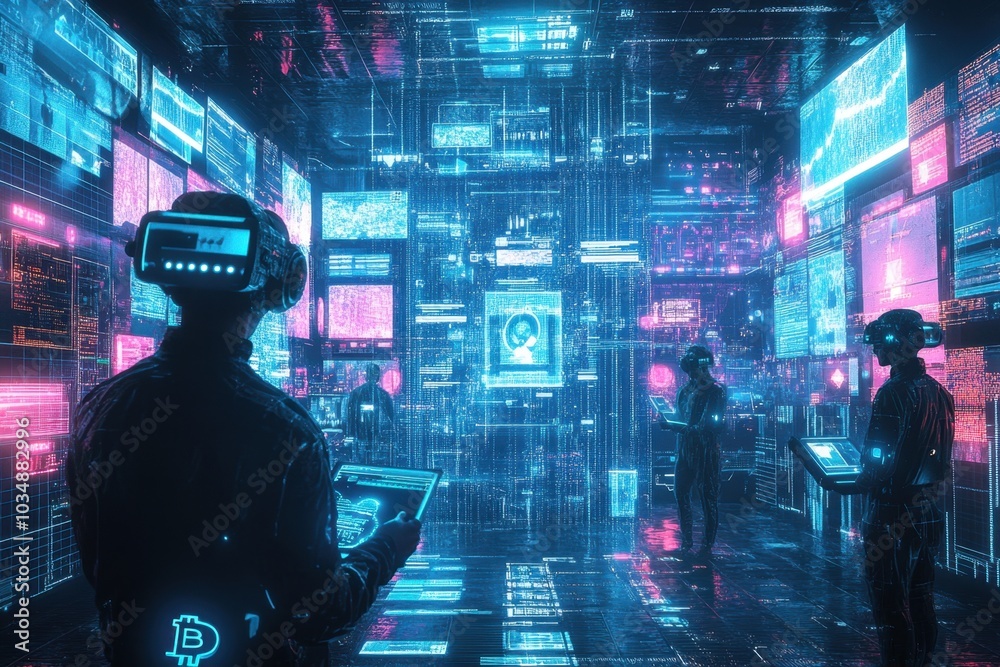 Design a scene depicting a blockchain marketplace in a virtual reality ...