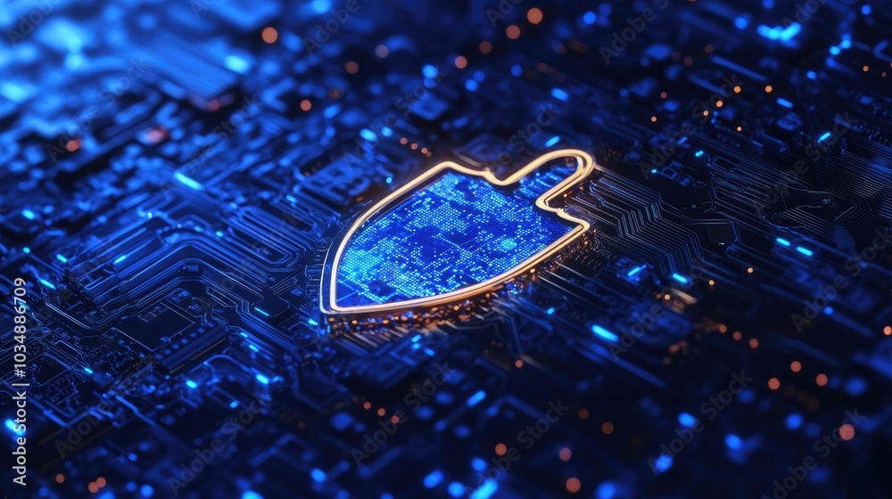 Digital key unlocking a shield icon over a network of servers ...