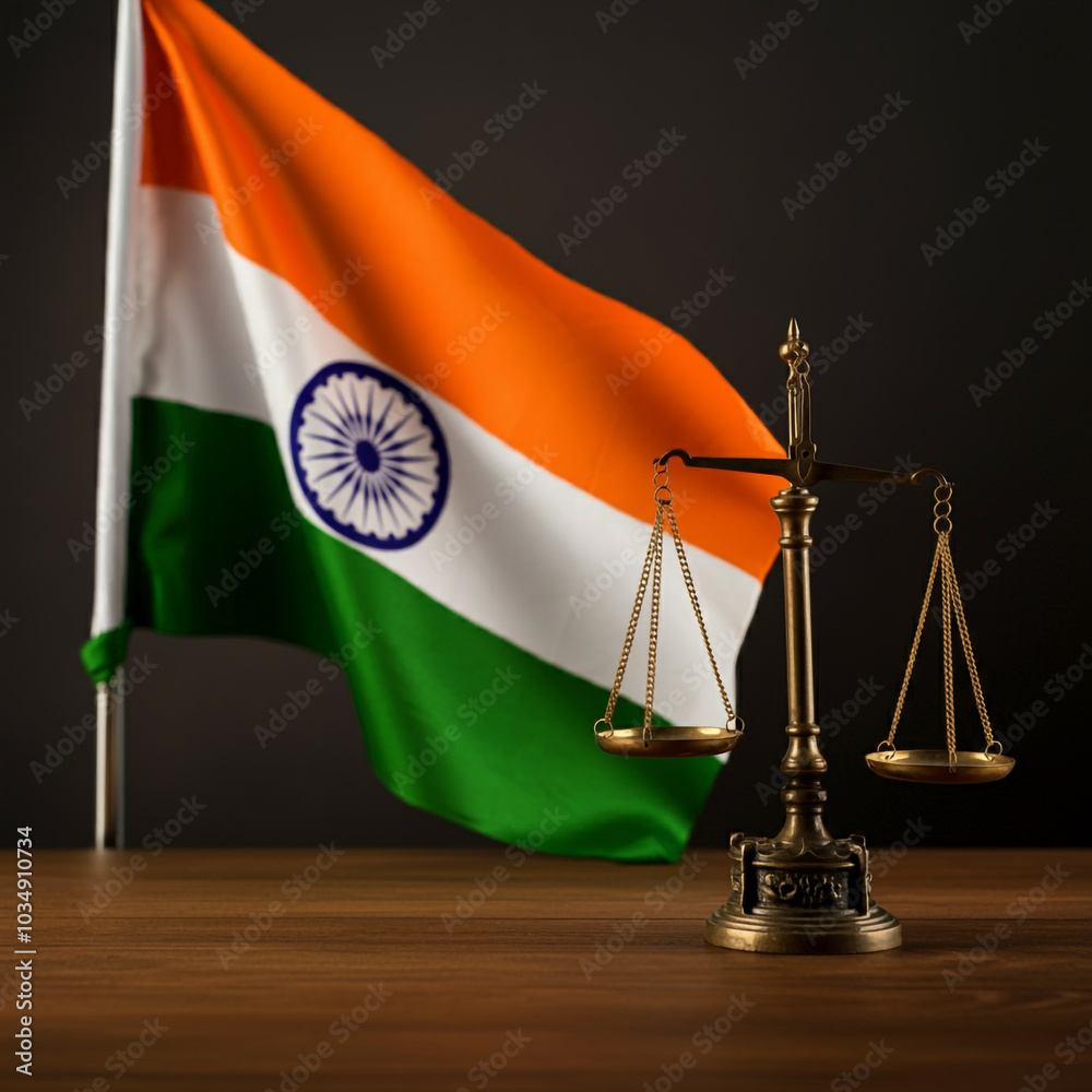 Indian flag with justice scales, representing India's commitment to ...