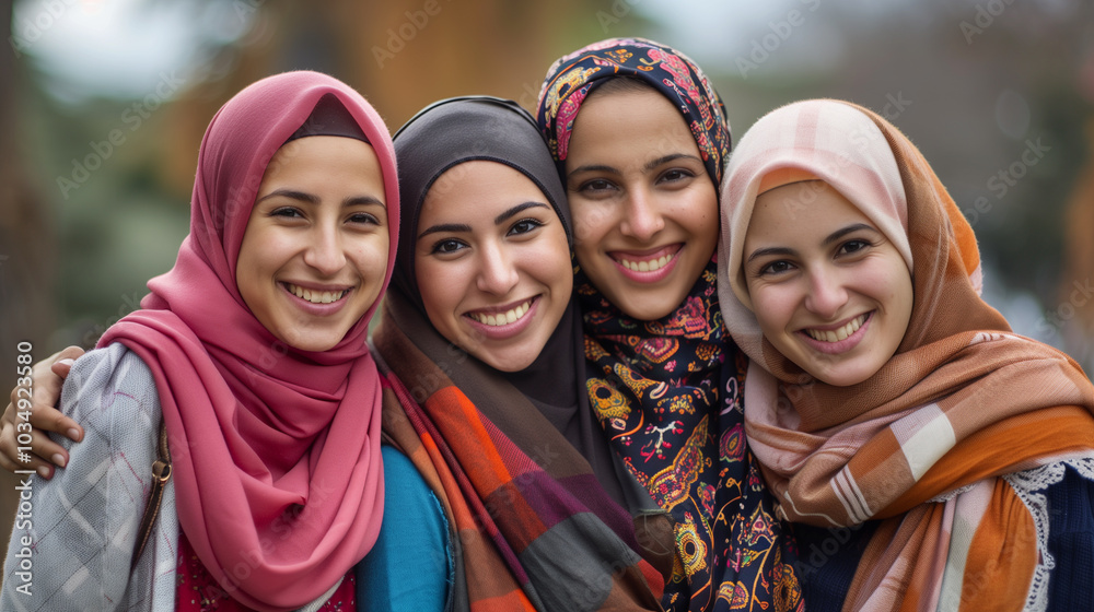 group of happy hijab islamic young women students with A beautiful ...