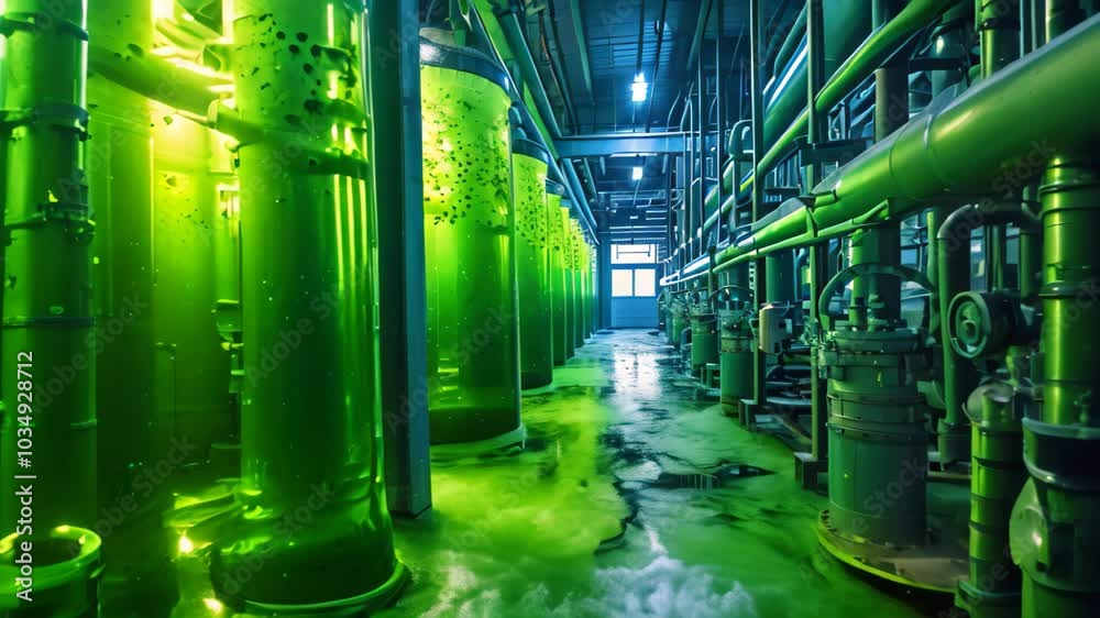 This Video shows a spacious room with an abundance of green pipes ...
