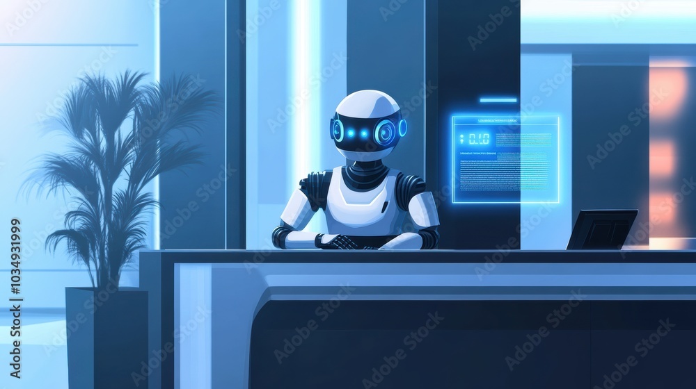 A futuristic AI-powered customer service robot standing behind a ...