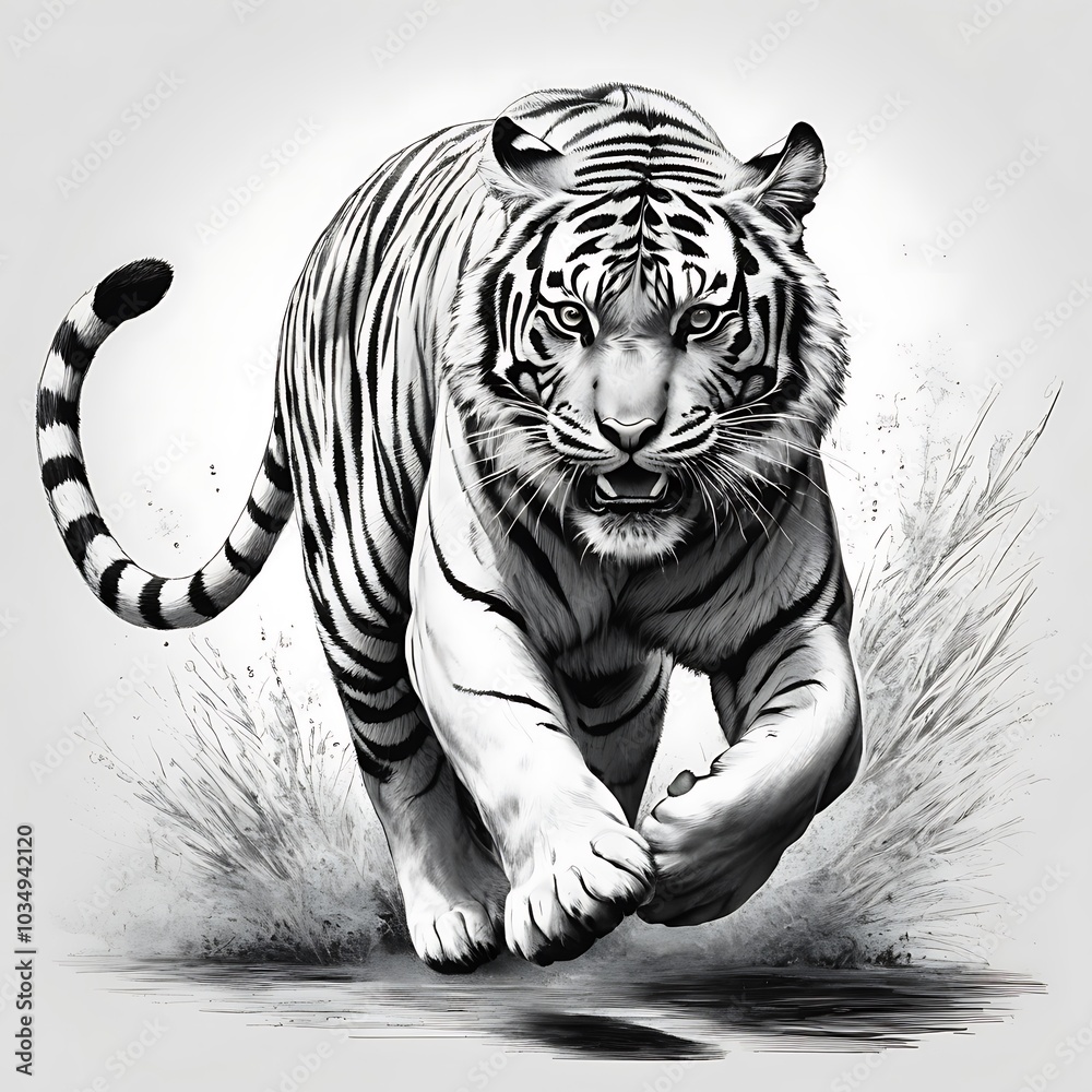 tiger running, drawn with intricate details in a woodcut engraving ...