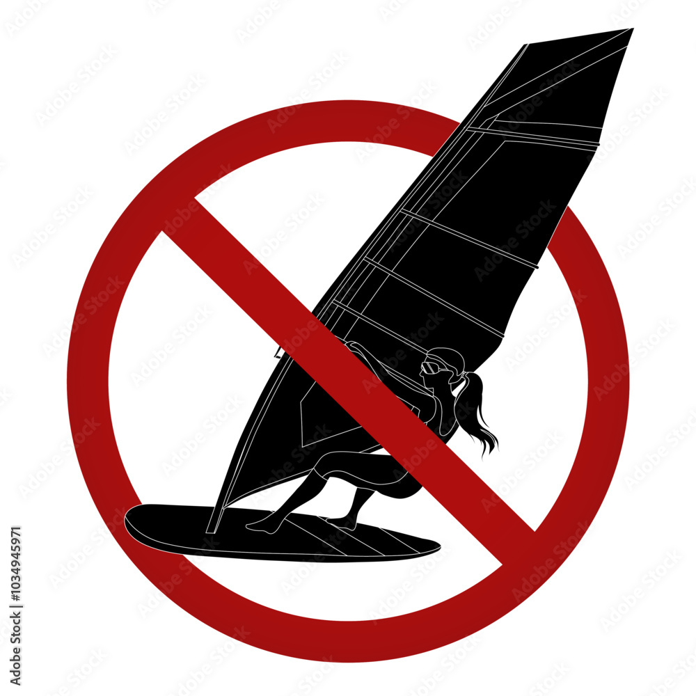Vector forbidden sign with windsurfing isolated from background. Black ...