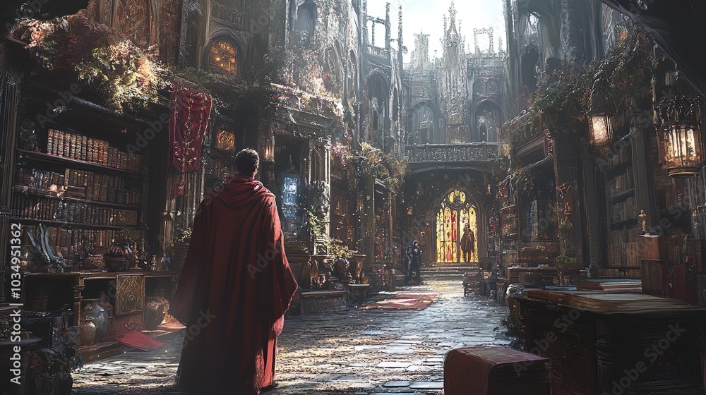 The image depicts a grand, ancient library or cathedral-like space ...