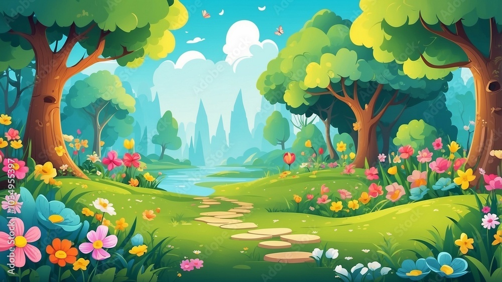 spring landscape with flowers and trees background clipart art Stock ...