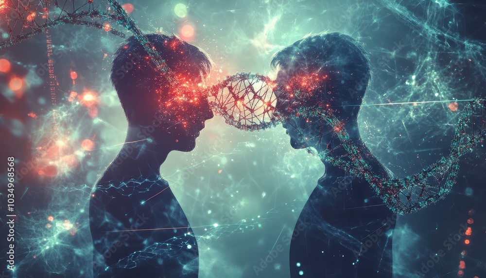 Two cells differentiating and merging to form one cell, with DNA ...