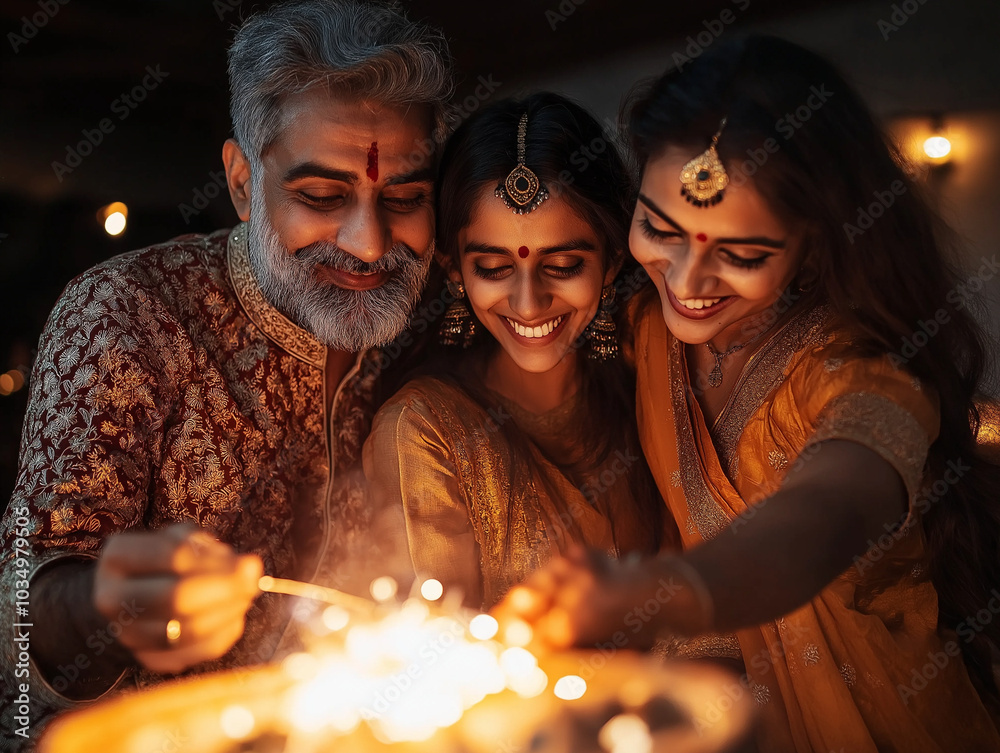 Happy Indian family wearing traditional Indian attire, lighting ...