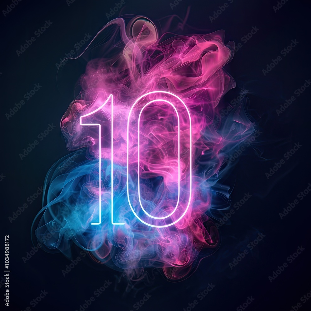 The image features the number ten outlined in neon colors amidst ...