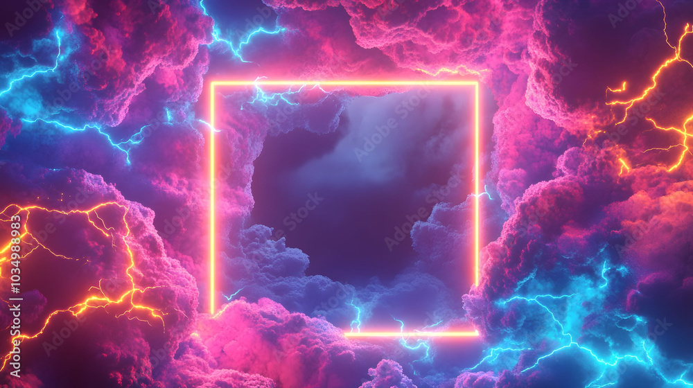 Psychedelic Neon Electric Border, vibrant square design for music ...