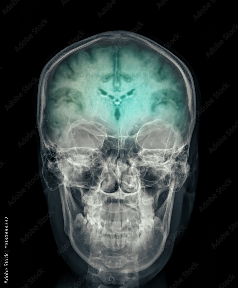 Skull and brain fusion image, combining radiographic and MRI ...