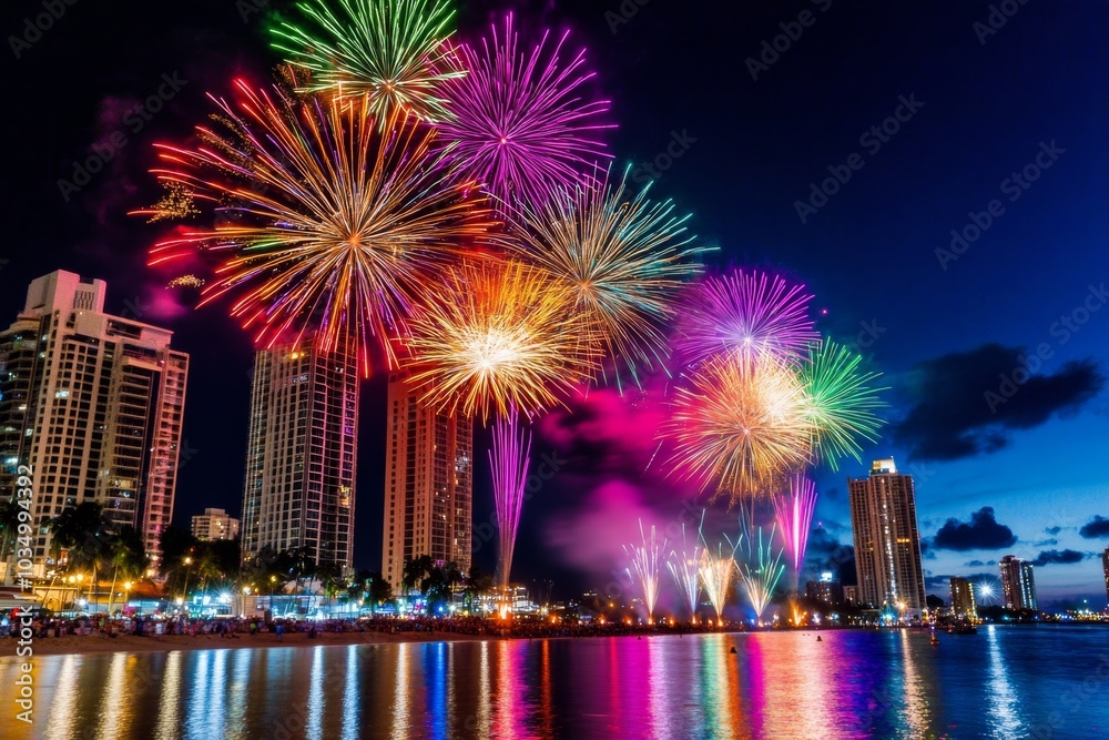 City skyline is lit up with fireworks, creating a festive and lively ...