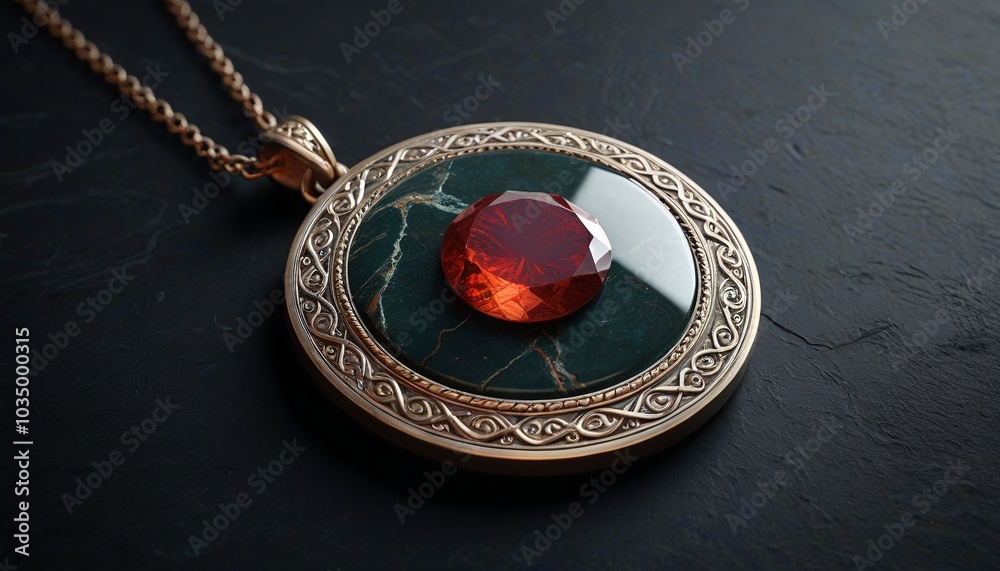 A mystical amulet with a bloodstone at its center, lying on a dark ...