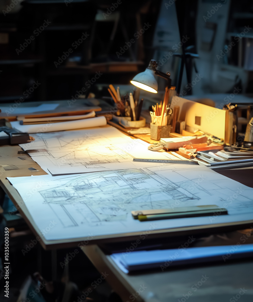A drafting table in a cozy workspace with blueprints and technical ...